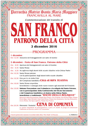 Francavilla al Mare, venerdì 2 dicembre la festa di San Franco